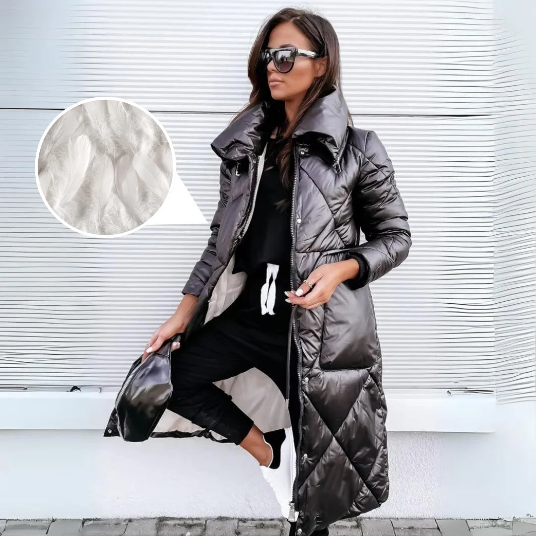Women's padded long trench coat with quilted design and stand-up colla ...