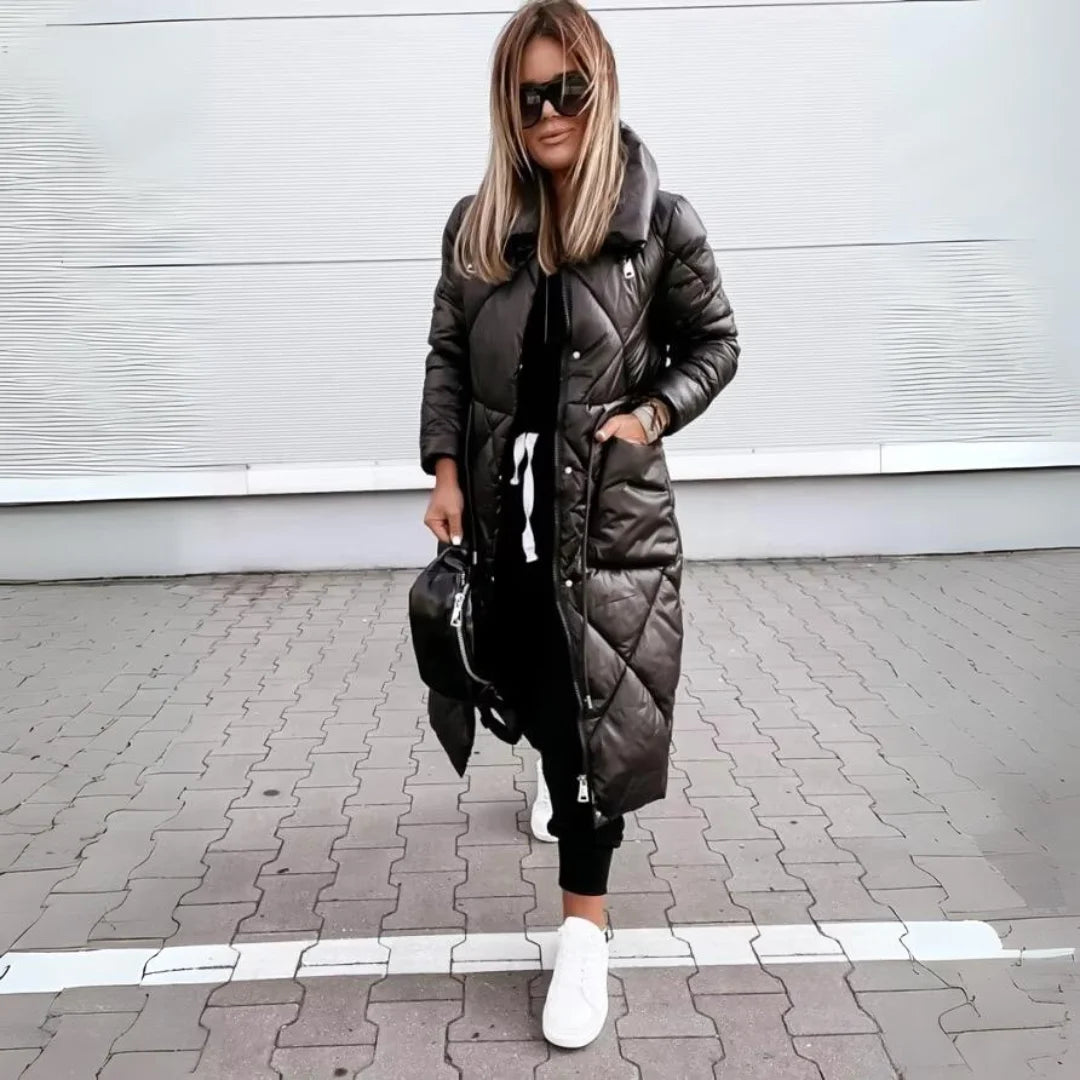 Women's padded long trench coat with quilted design and stand-up colla ...