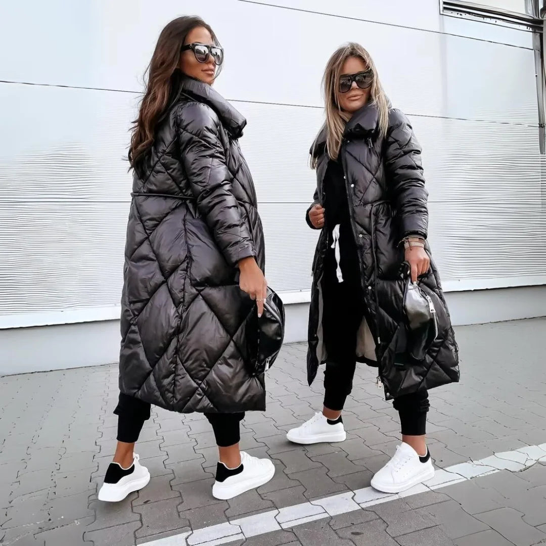 Women's padded long trench coat with quilted design and stand-up colla ...
